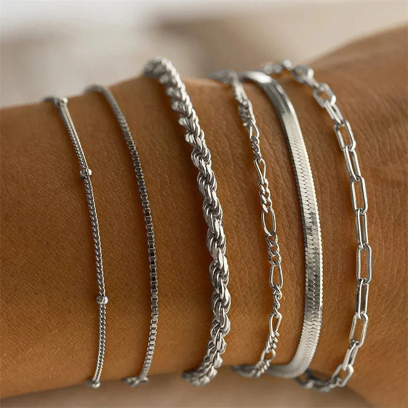 Silver Layered Chain Bracelets Set For Women on Luulla