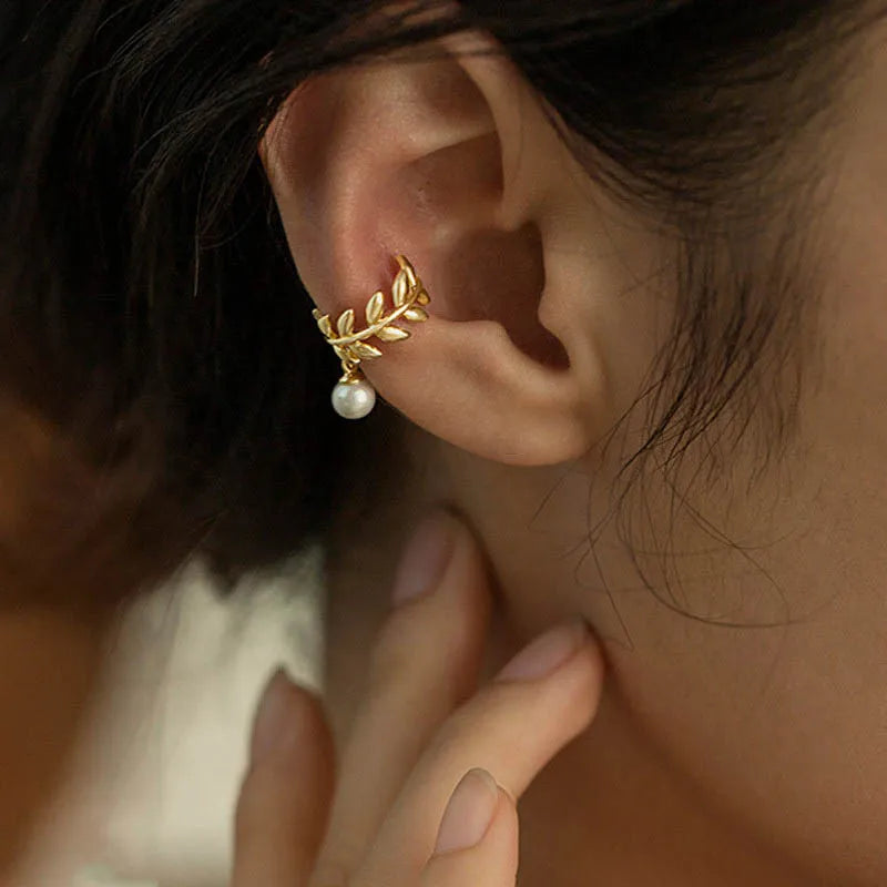Gold Leaf Pearl Drop Ear Cuff Accessory on Luulla
