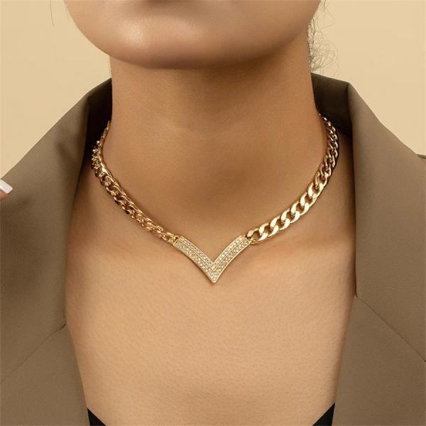 Gold Plated V Necklace With Sparkling Crystals on Luulla