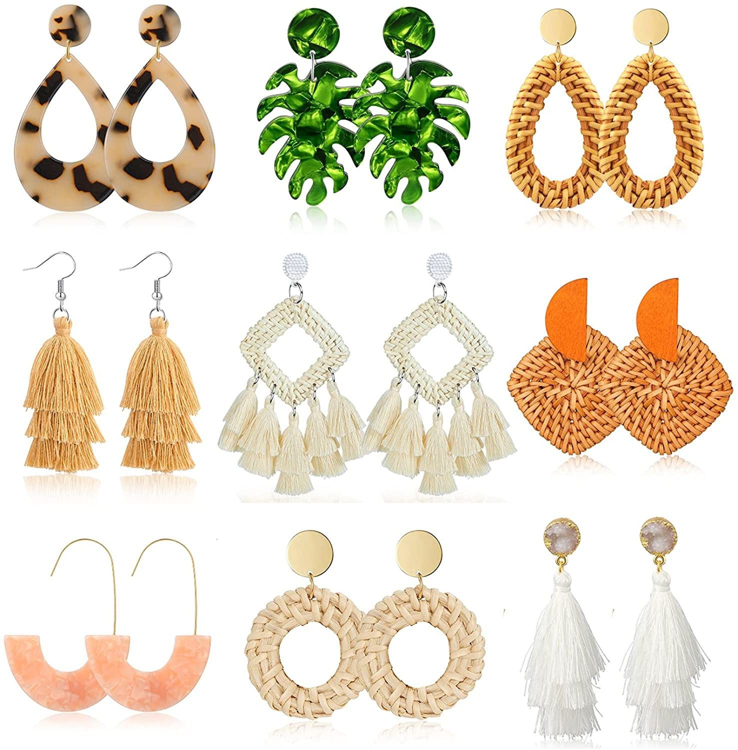 Vintage Geometry Shaped Rattan Woven Earrings 9pcs/set on Luulla