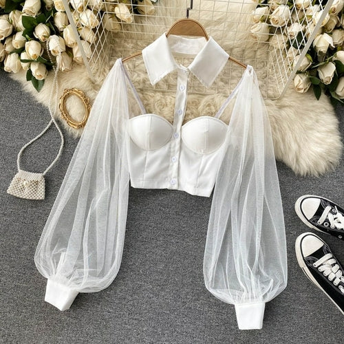 Chic White Top With Sheer Tulle Sleeves on Luulla
