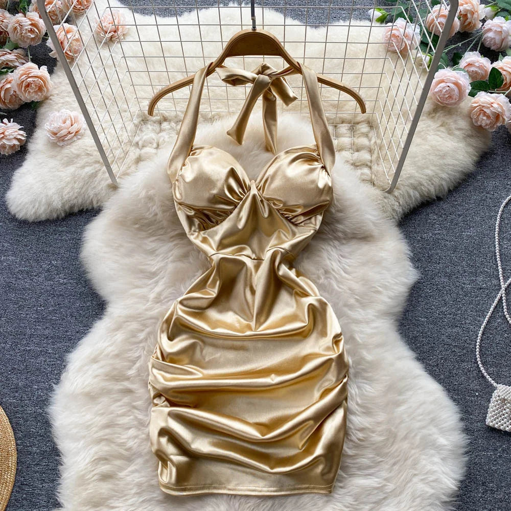 Elegant Satin Gold Halter Neck Mini Dress Partywear on Luulla