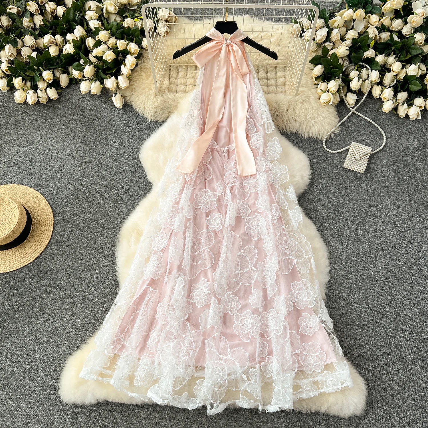 Elegant Pink Lace Halter Neckline Evening Gown Dress on Luulla