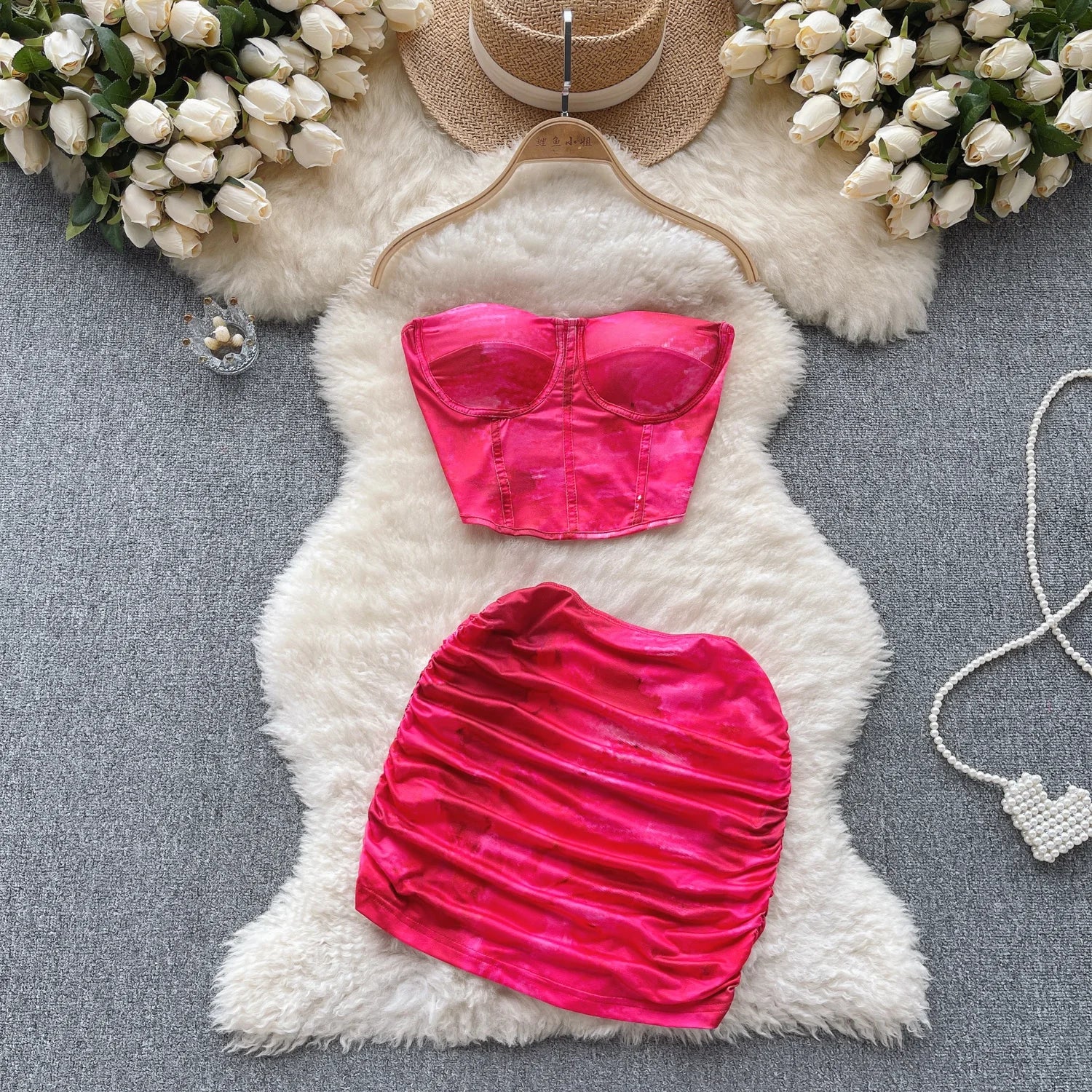 Womens Pink Satin Two-piece Skirt Set on Luulla