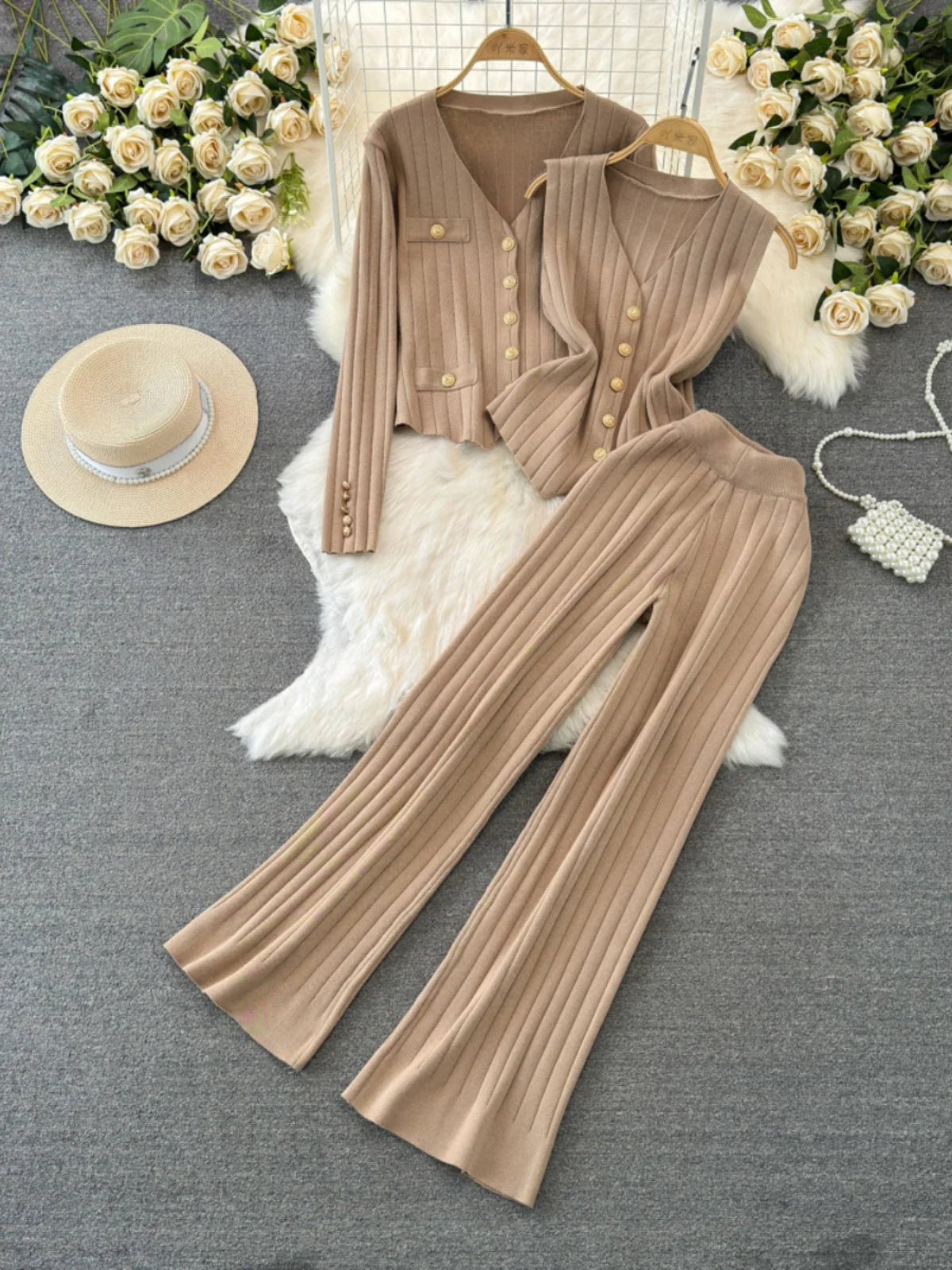 Elegant Cream Striped Pant Suit With Double-breasted Blazer on Luulla