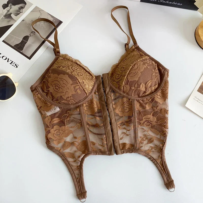 Floral Lace Sheer Bustier Bodysuit With Adjustable Straps on Luulla