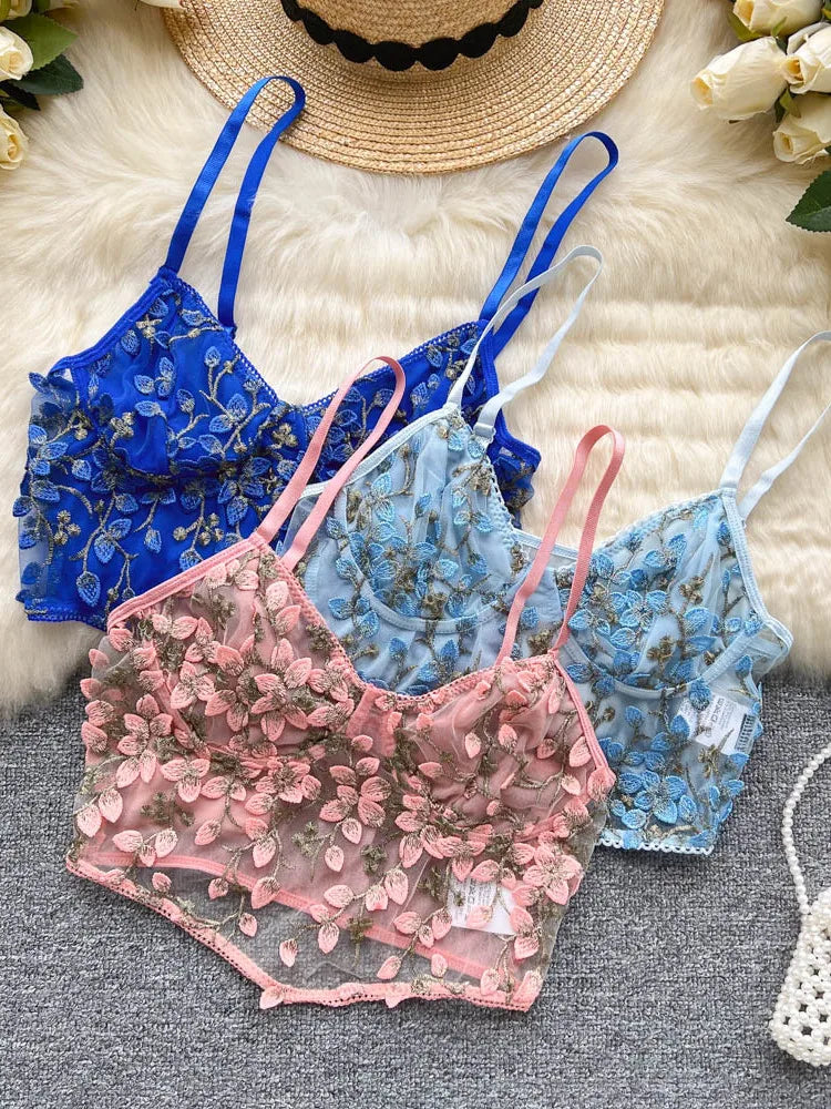 Womens Floral Lace Cami Crop Top Lingerie Set on Luulla