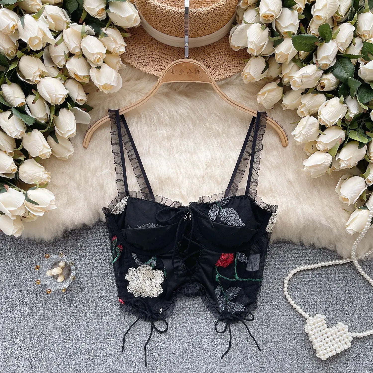 Elegant Floral Embroidered Lace-up Corset Bustier Top on Luulla