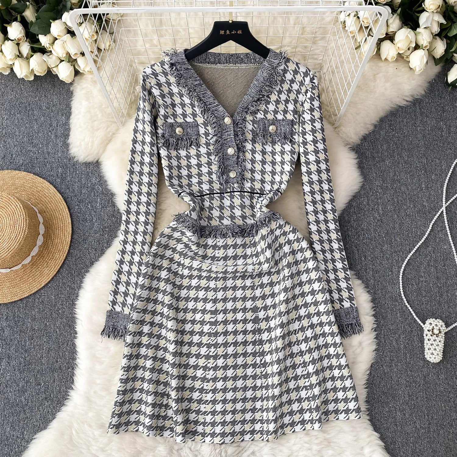 Elegant Houndstooth Collared Dress With Button Details on Luulla