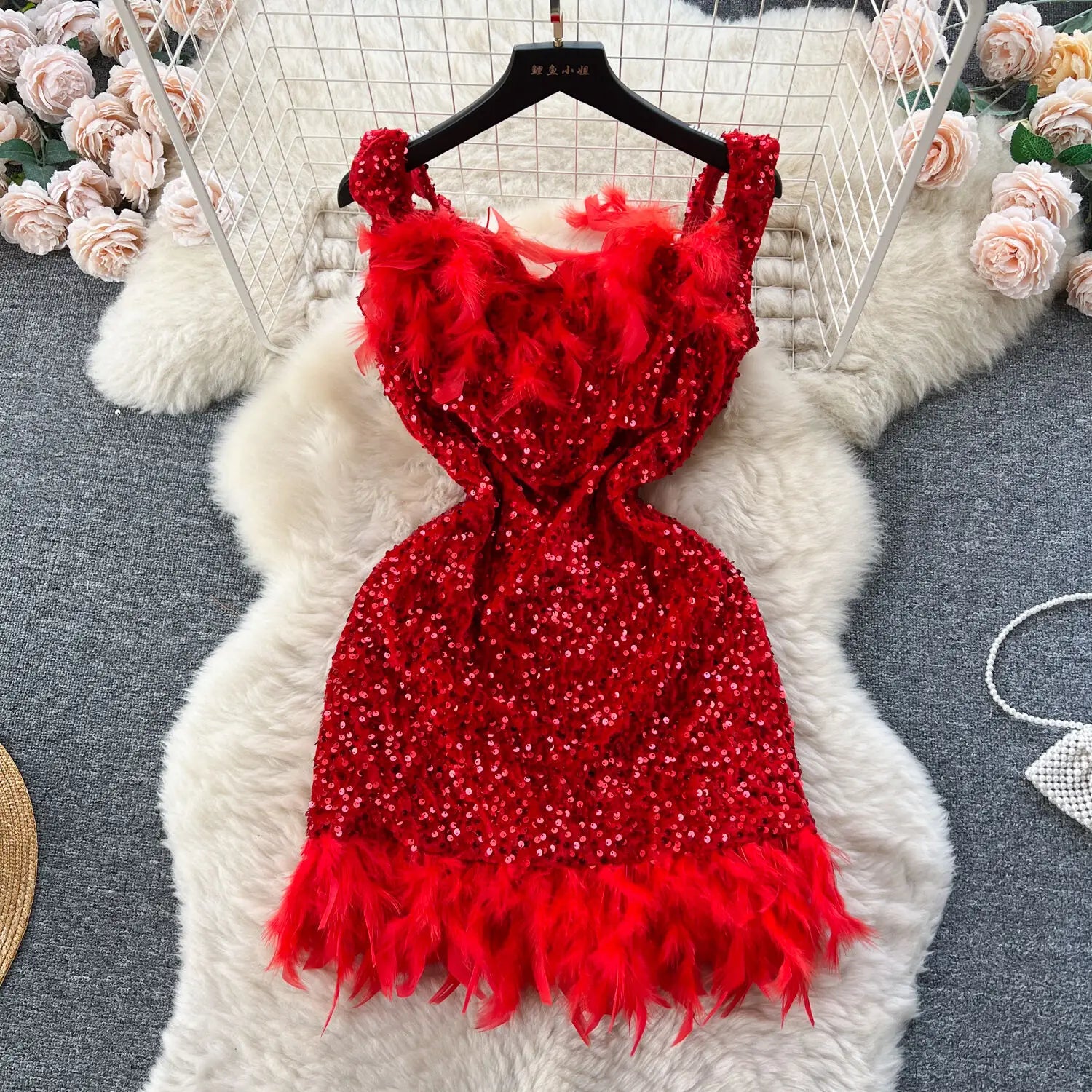 Red Sequined Feather Trim Cocktail Party Dress on Luulla