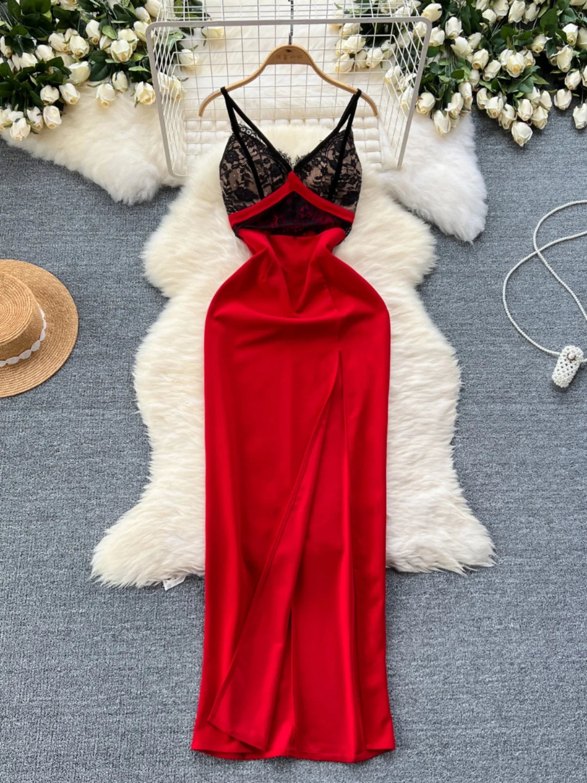 Elegant Red Satin Nightgown With Black Lace Detail on Luulla