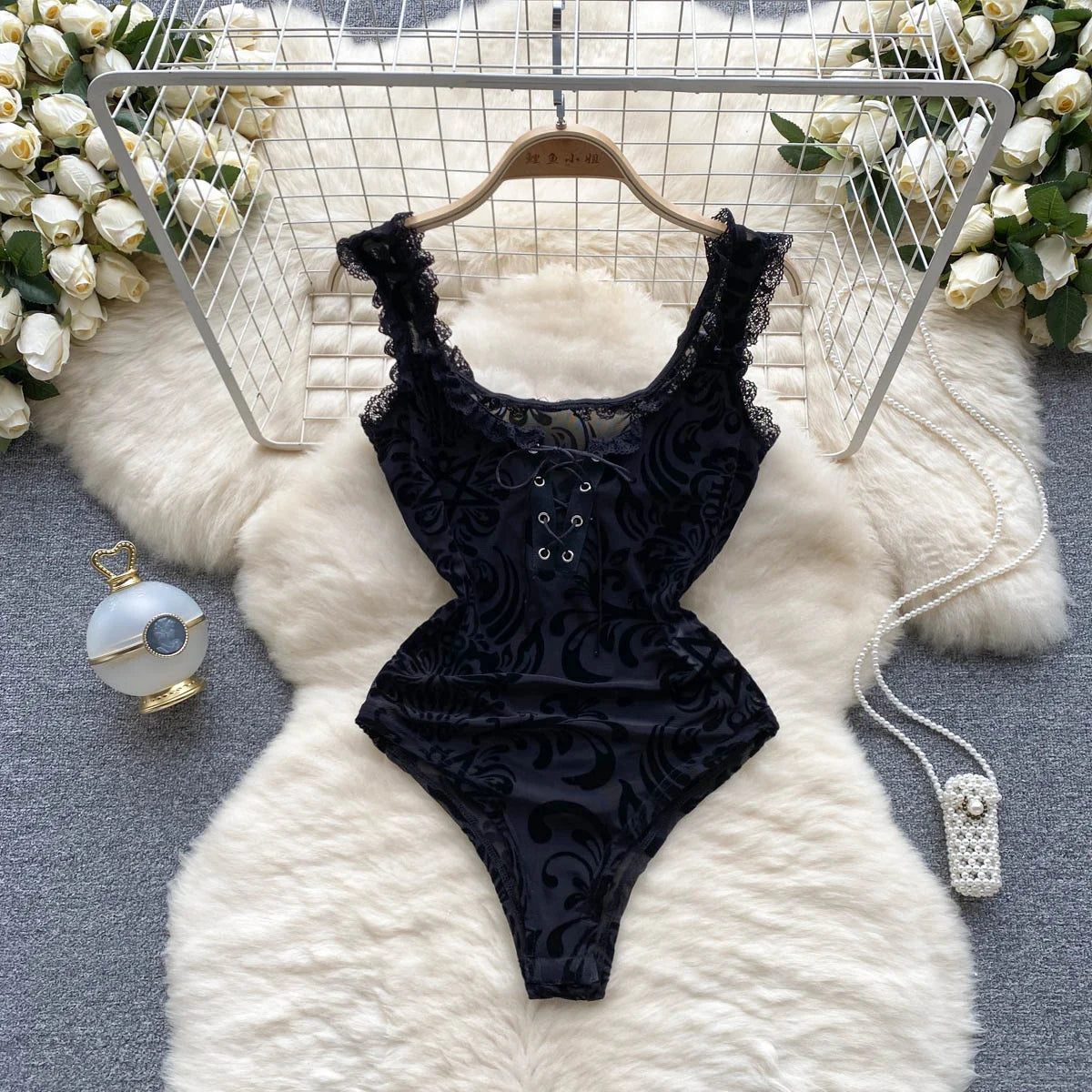 Elegant Black Lace-up Floral One-piece Bodysuit on Luulla
