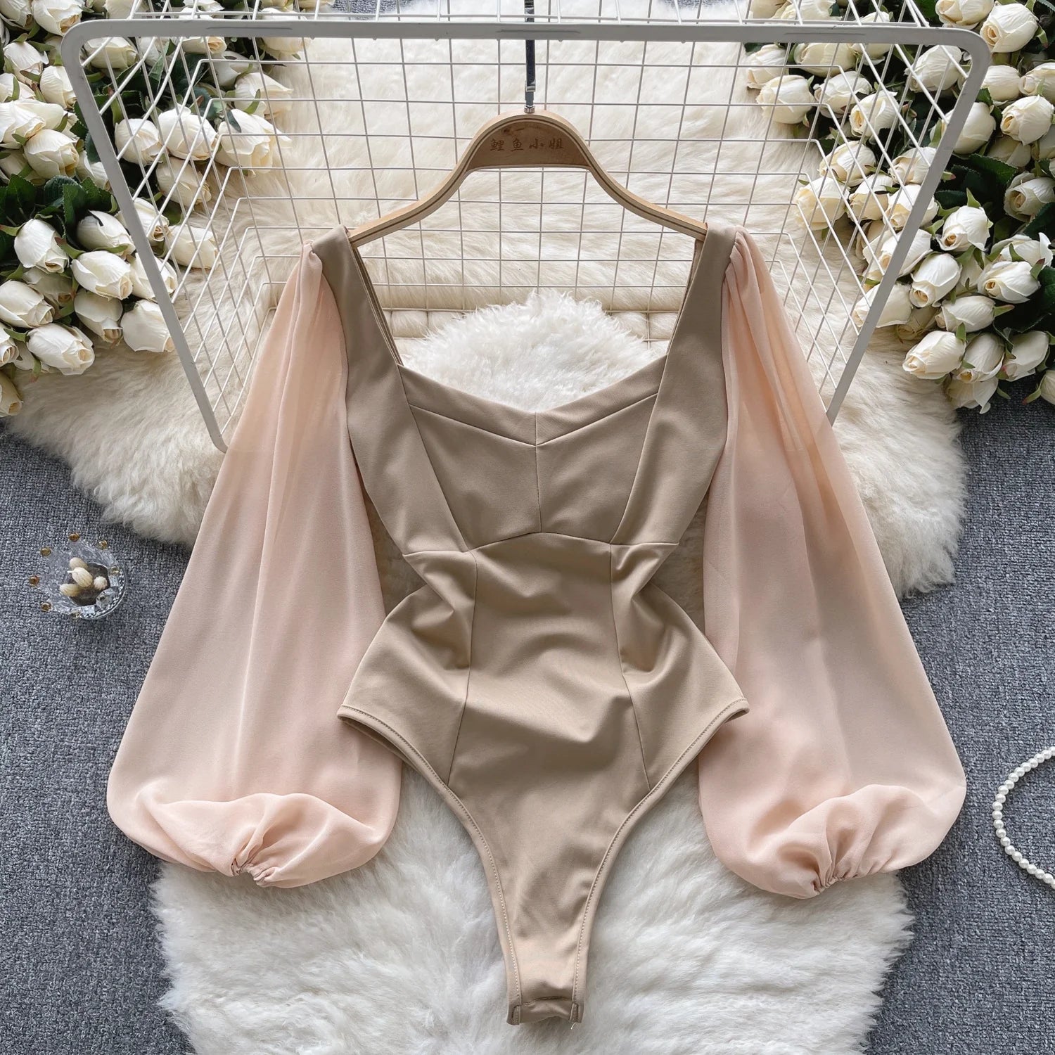 Elegant Satin Bodysuit With Sheer Chiffon Sleeves on Luulla