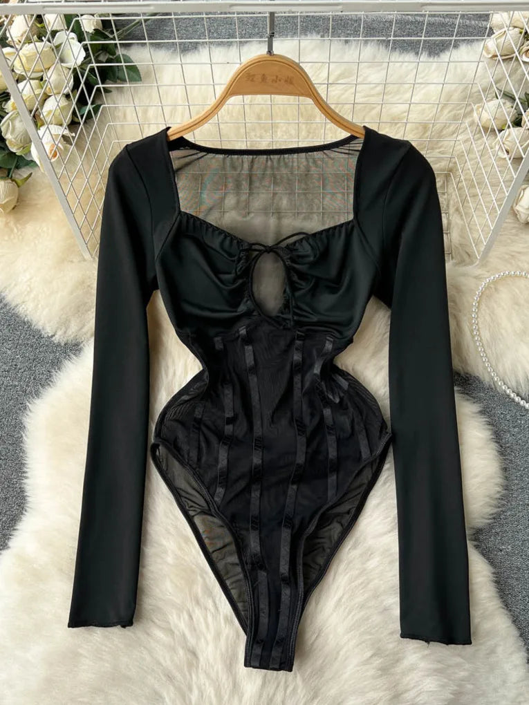 Elegant Long Sleeve Mesh Panel Bodysuit For Women on Luulla