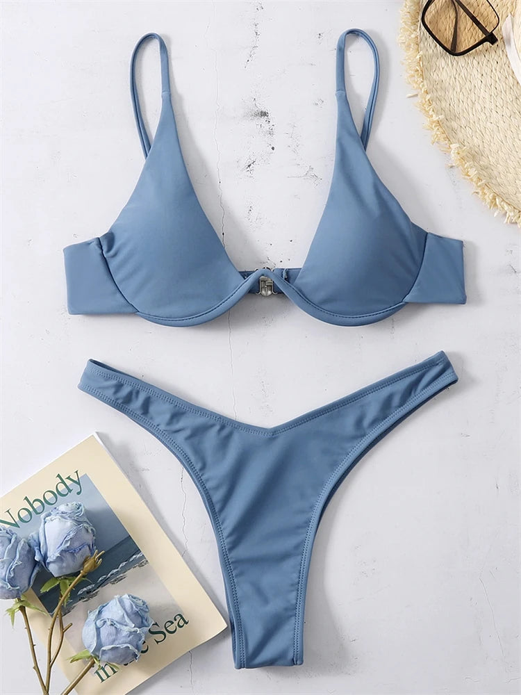 Womens Sleek Blue Bikini Set Adjustable Straps Swimwear on Luulla