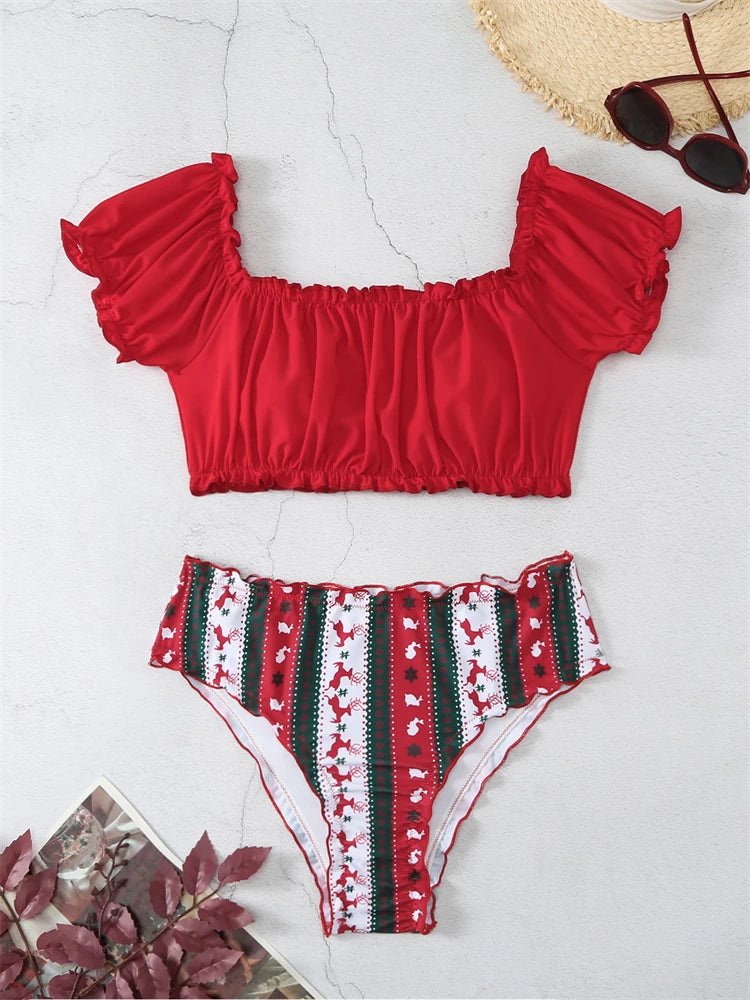 Womens Red Ruffled Crop Top And Patterned Bikini Set on Luulla