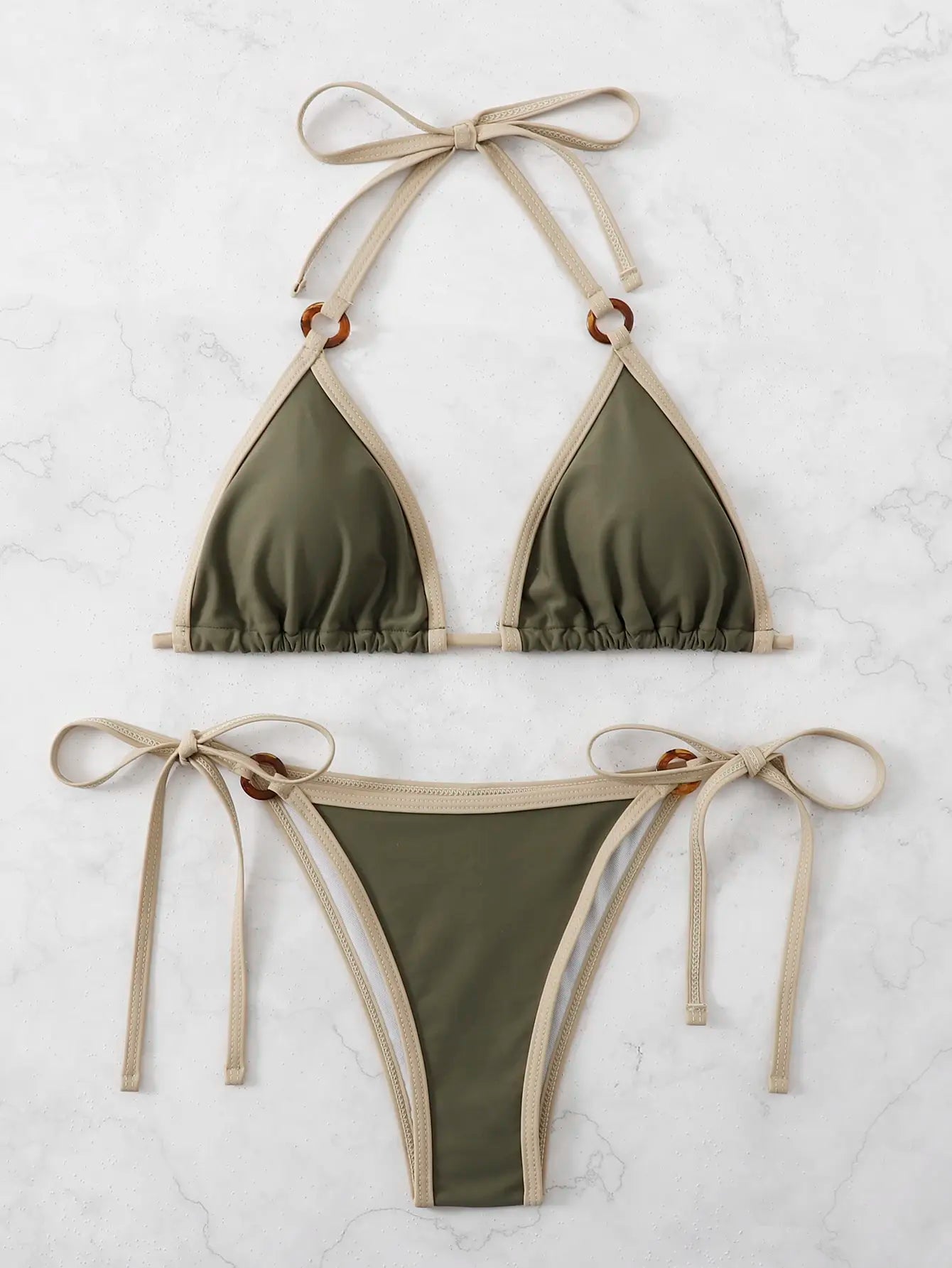 Womens Olive Triangle Bikini Set With Tie Closures On Luulla