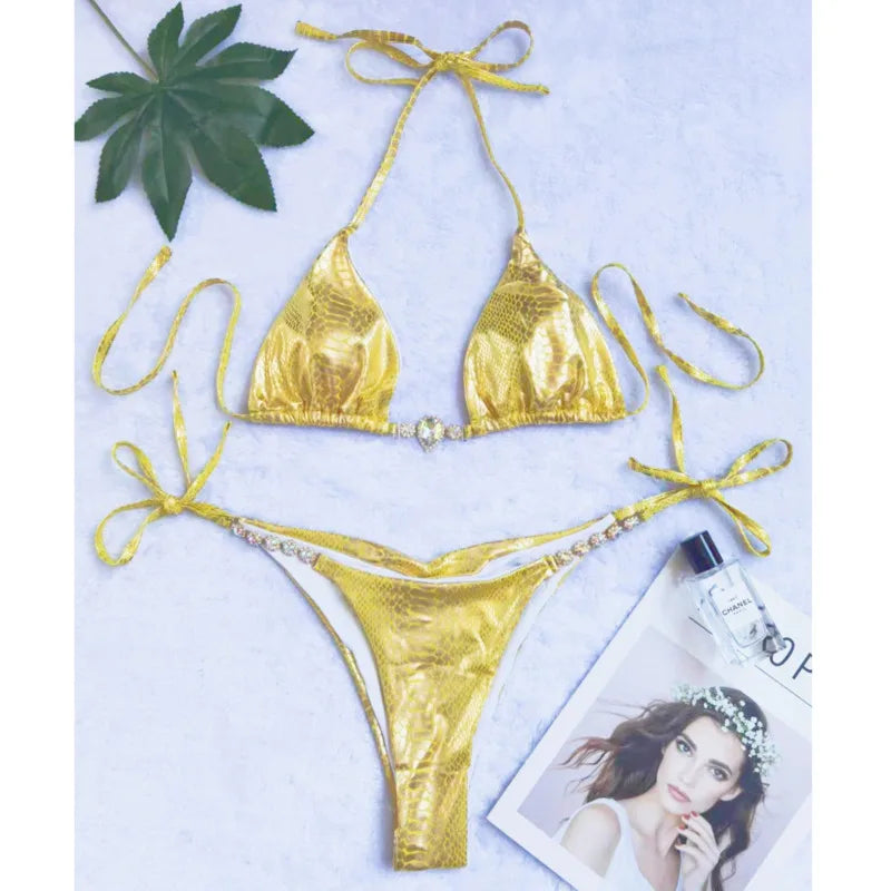 Womens Shiny Gold Halter Bikini Set With Rhinestones on Luulla