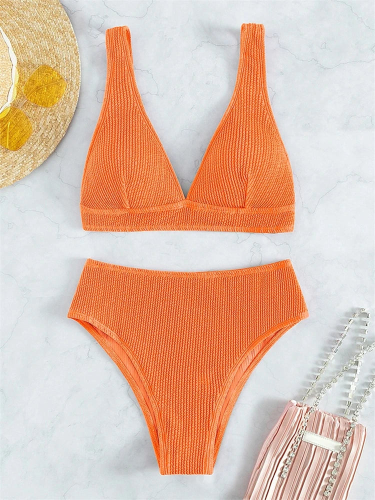 Womens Ribbed Knit Triangle Bikini Set Swimwear Orange on Luulla