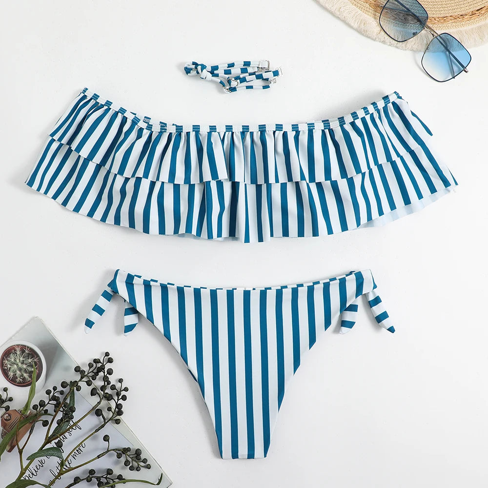 Womens Off-shoulder Ruffle Bikini Set With Stripes on Luulla