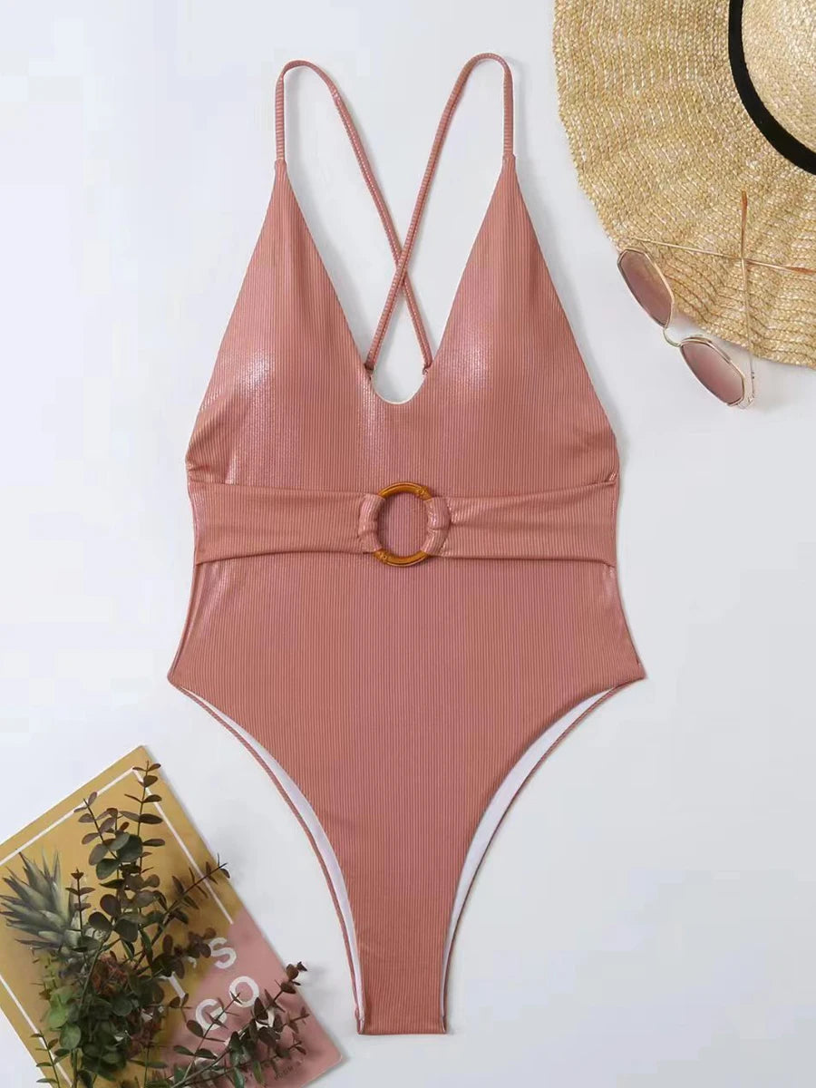 Womens Ribbed One-piece Swimsuit With Front Ring Detail on Luulla
