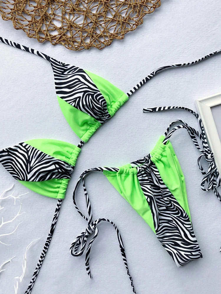 Womens Zebra Print Tie-up Bikini Swimwear Set on Luulla