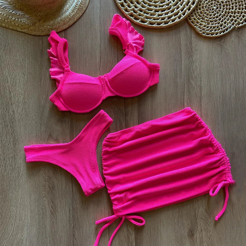 Womens Ruffled Pink Bikini Swimwear Set on Luulla