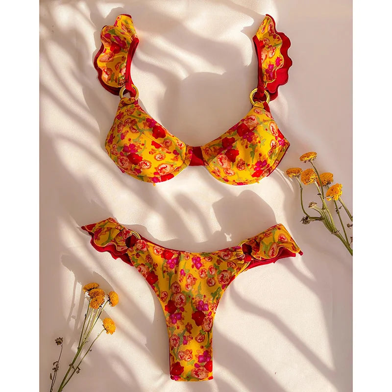 Womens Floral Ruffle Trim Bikini Set Swimwear Two-piece on Luulla