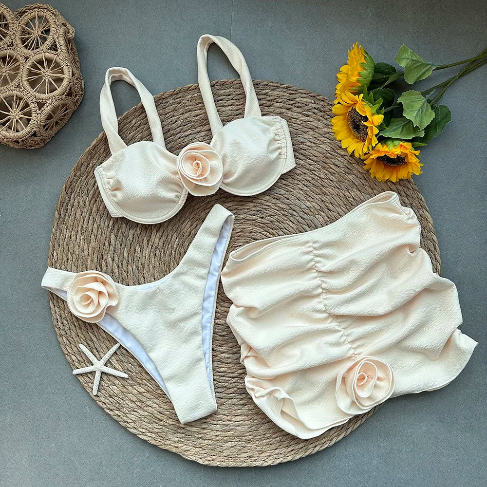 Elegant Cream Rose Detail Bikini Swimwear Set Women on Luulla