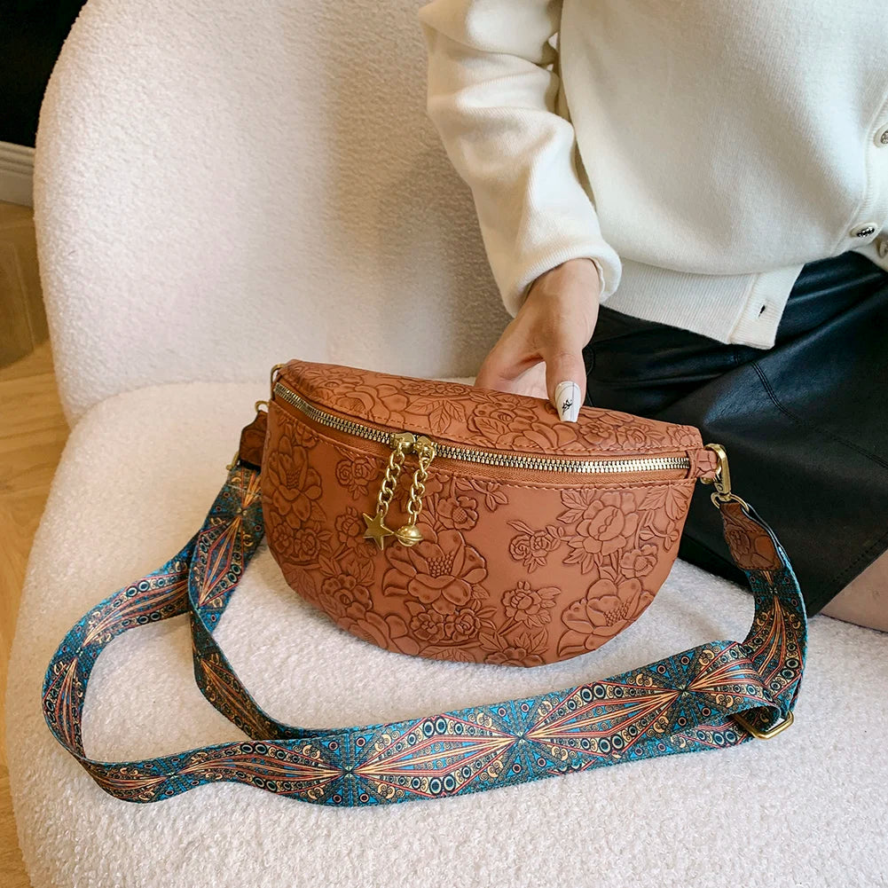 Boho Floral Embossed Leather Fanny Pack With Strap on Luulla