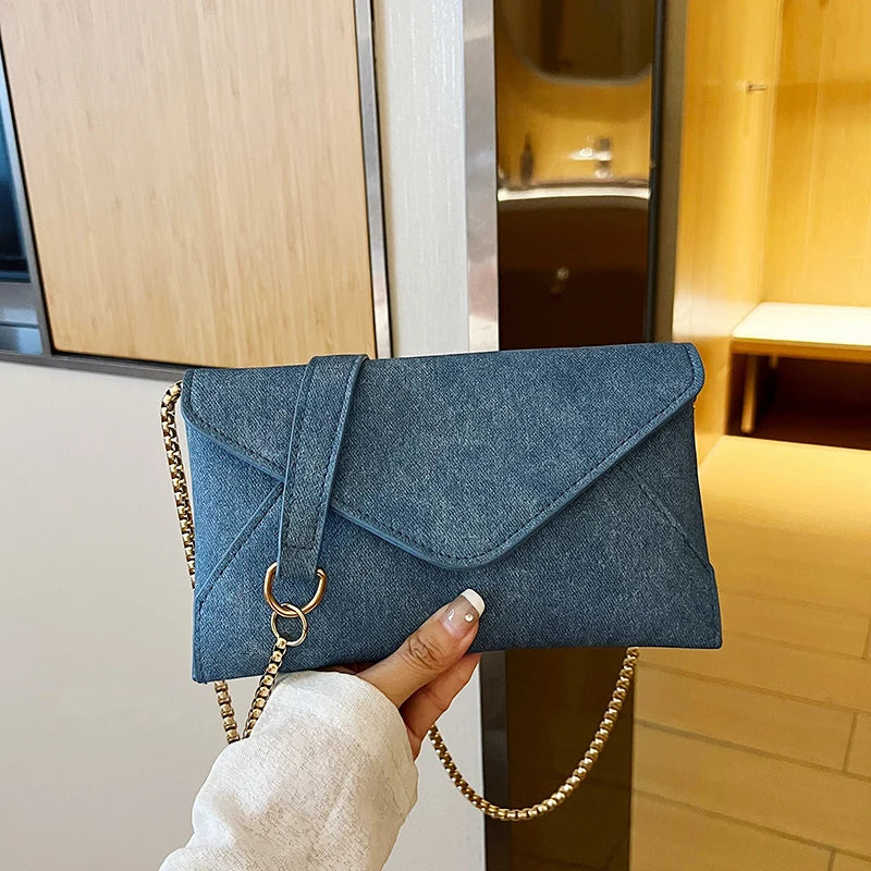 Chic Denim Envelope Clutch With Gold Chain Strap on Luulla