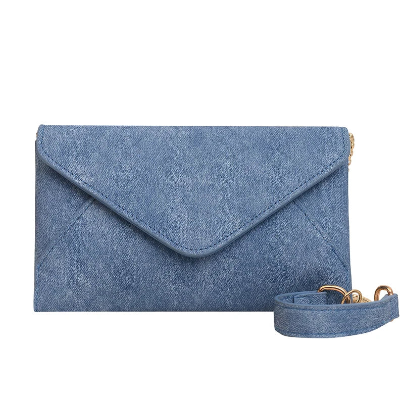 Chic Denim Envelope Clutch With Gold Chain Strap on Luulla
