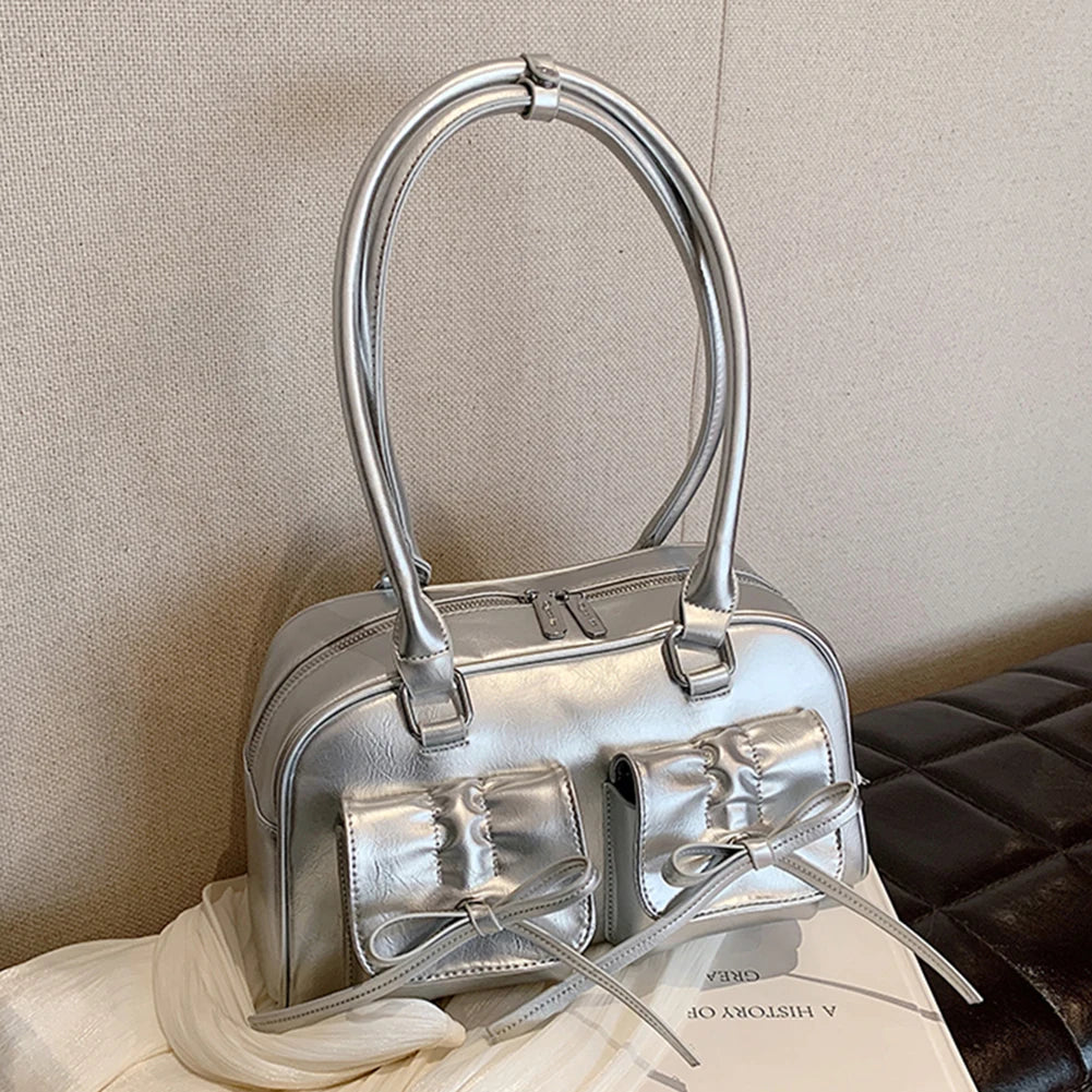 Chic Silver Metallic Womens Handbag With Elegant Handles on Luulla