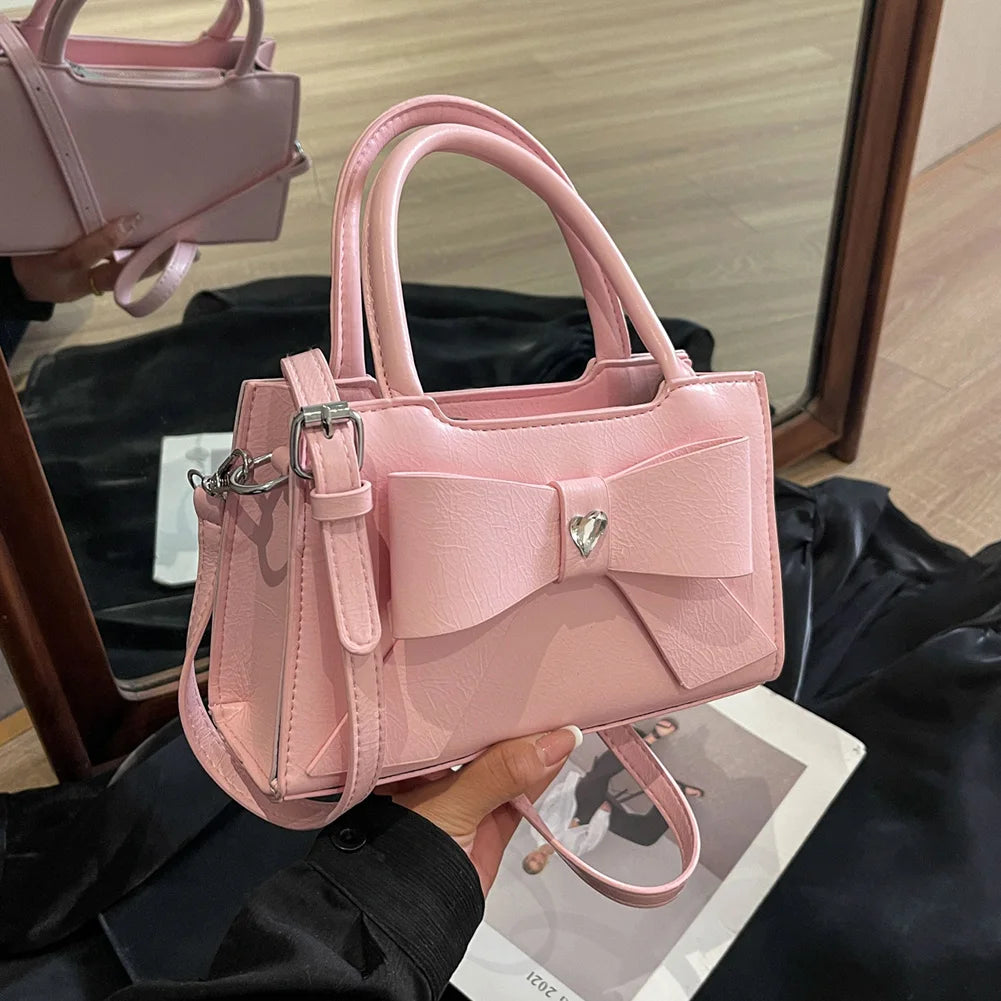 Chic Pink Bow Accent Mini Leather Tote Handbag on Luulla