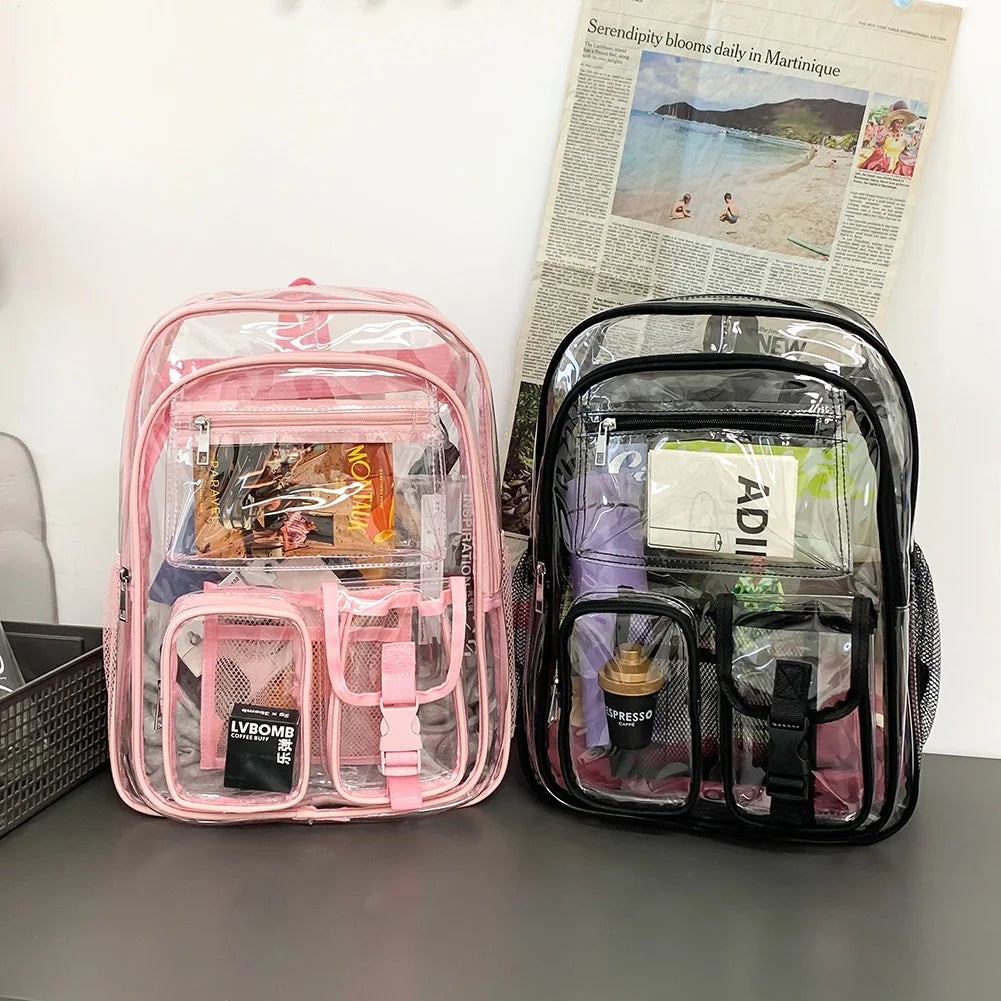 Transparent Multi-pocket School Backpacks In Pink And Black on Luulla
