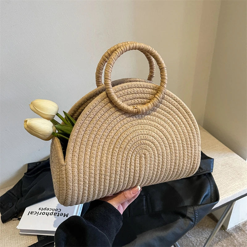 Chic Bohemian Round Rattan Handbag With Circular Handles on Luulla