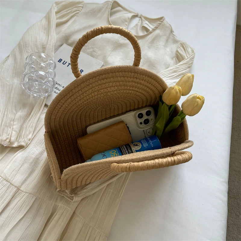 Chic Bohemian Round Rattan Handbag With Circular Handles on Luulla