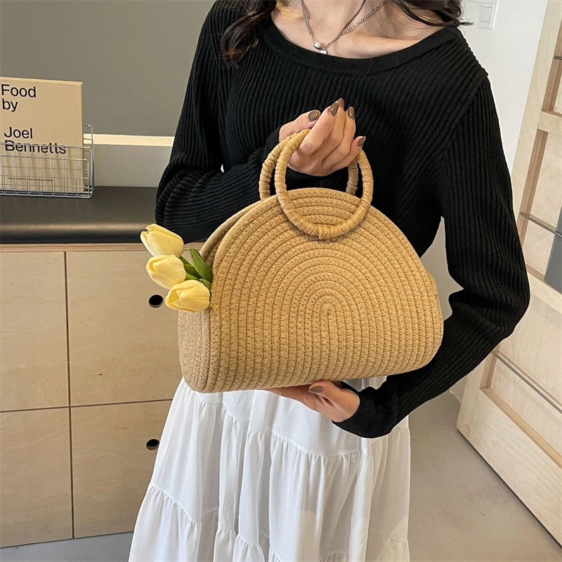 Chic Bohemian Round Rattan Handbag With Circular Handles on Luulla