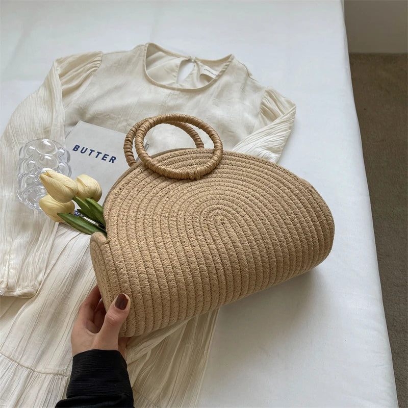 Chic Bohemian Round Rattan Handbag With Circular Handles on Luulla