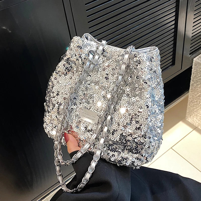 Elegant Silver Sequin Shoulder Bag With Chain Strap on Luulla
