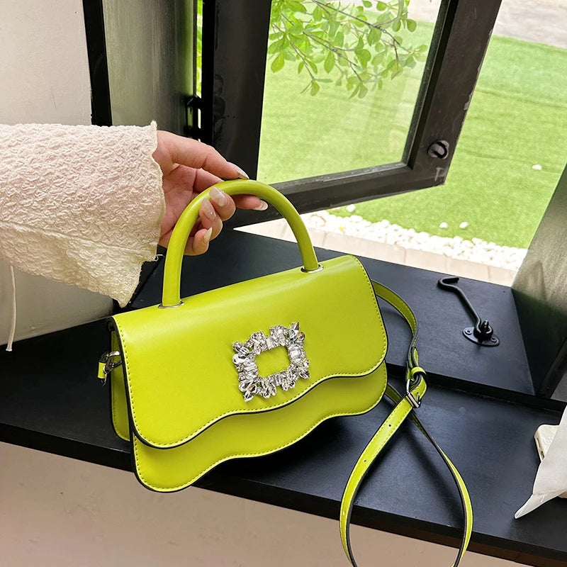 Elegant Neon Green Satchel Handbag With Crystal Buckle on Luulla