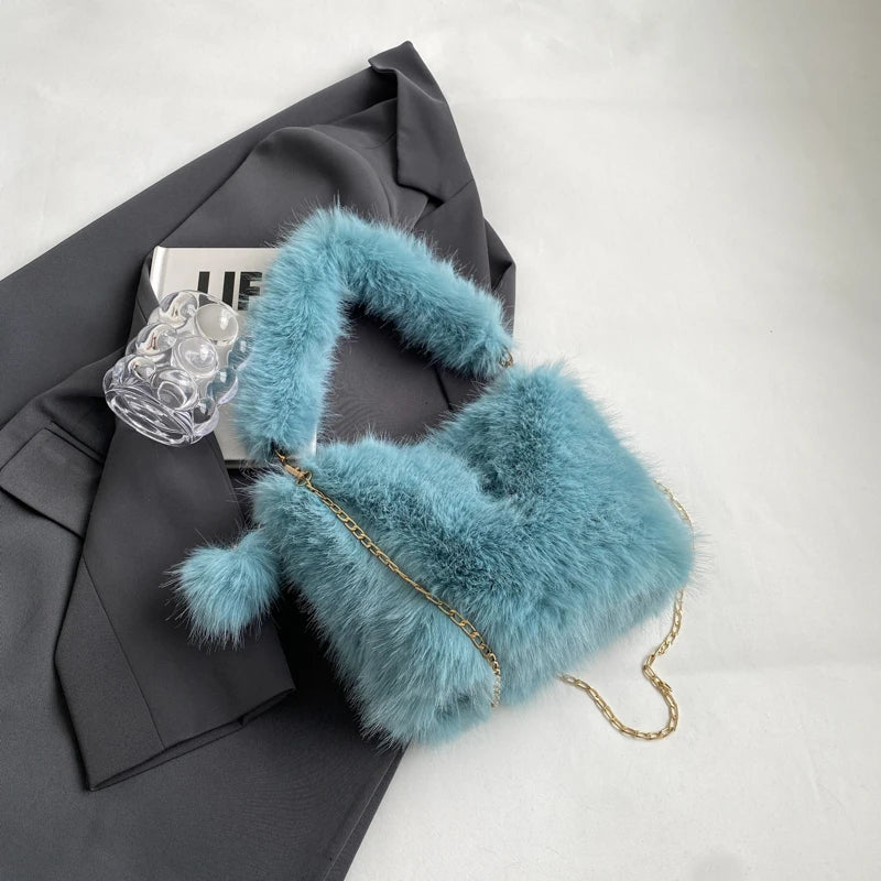Luxury Fluffy Faux Fur Chain Womens Shoulder Bag on Luulla