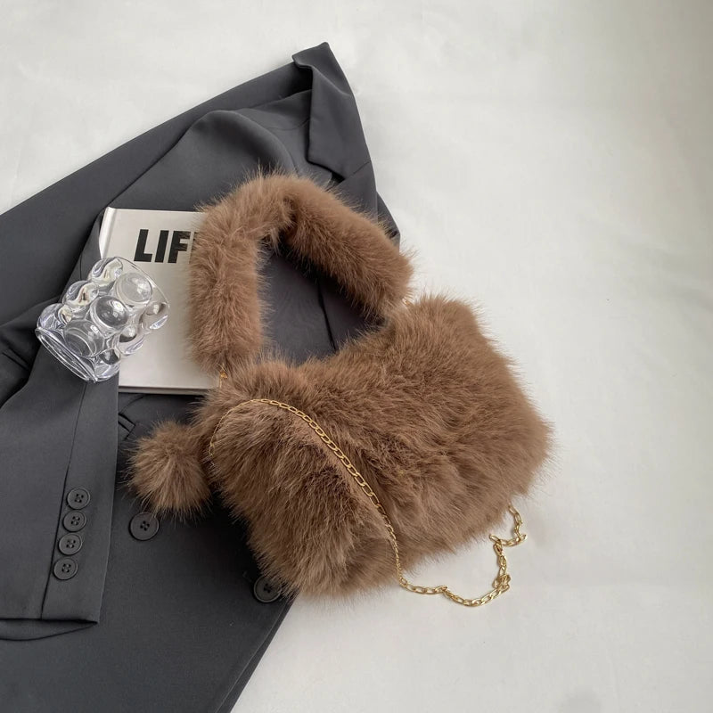 Luxury Fluffy Faux Fur Chain Womens Shoulder Bag on Luulla