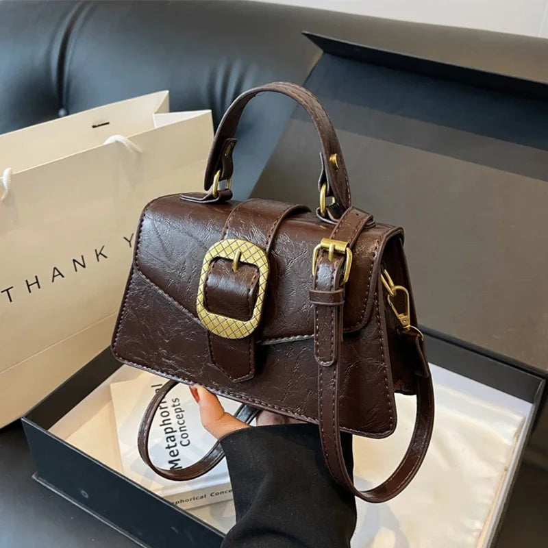 Classic Brown Leather Mini Satchel Handbag With Buckles on Luulla