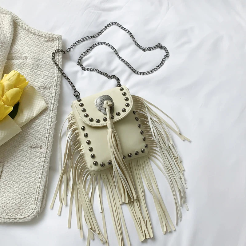 Boho Suede Leather Fringe Backpack With Silver Studs on Luulla