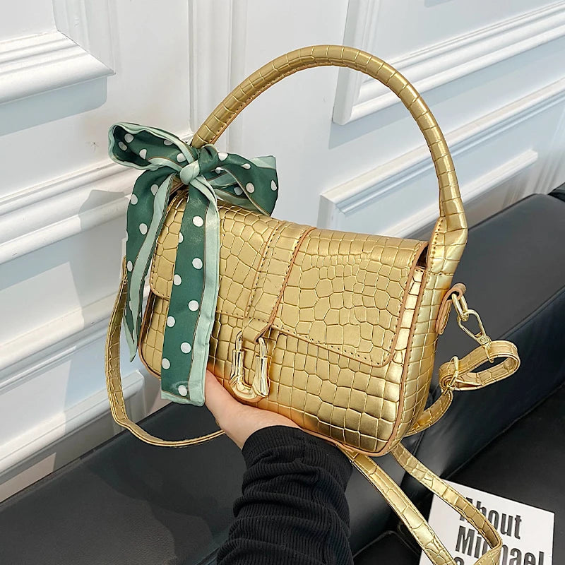 Elegant Golden Crocodile Texture Handbag With Scarf Accent on Luulla