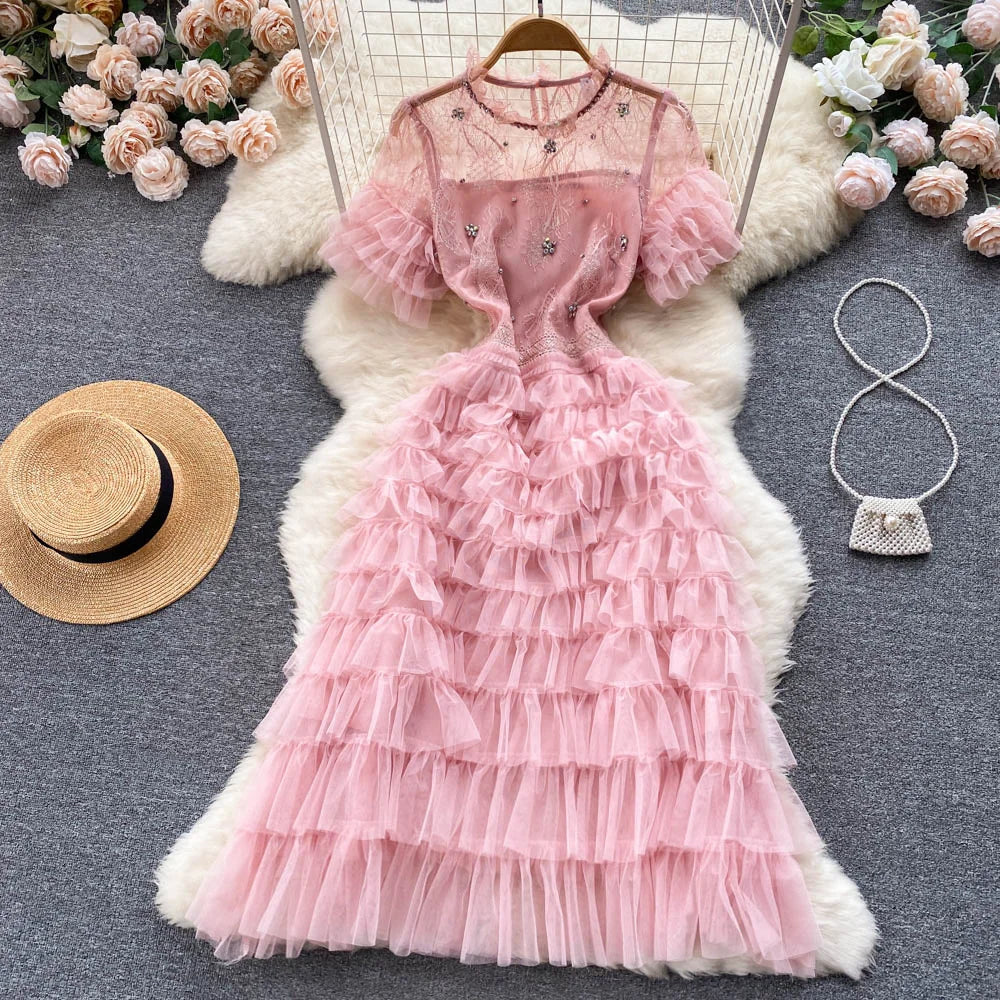 Elegant Pink Ruffled Tulle Lace Party Dress on Luulla