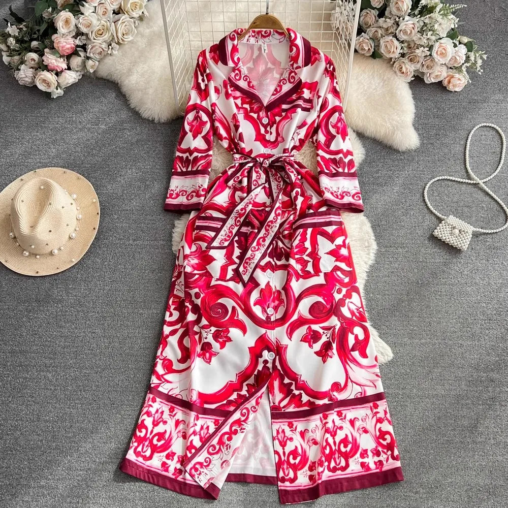 Elegant Red And White Floral Silk Robe on Luulla