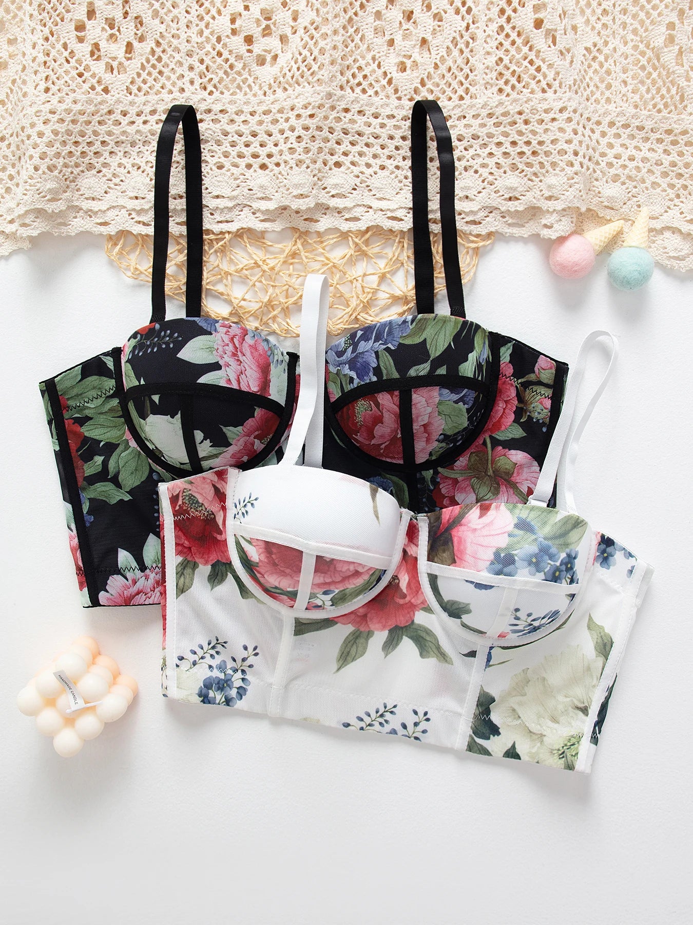 Floral Lace Strap Push-up Bra Set on Luulla