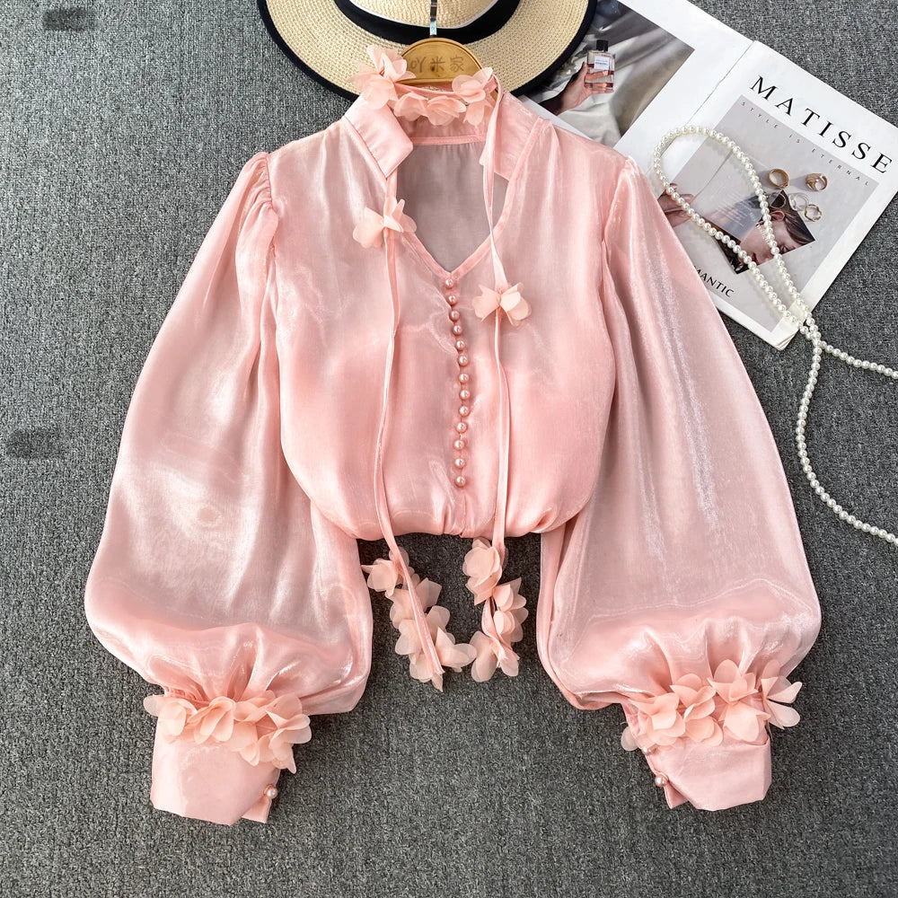 Elegant Pink Sheer Blouse With Floral Accents on Luulla